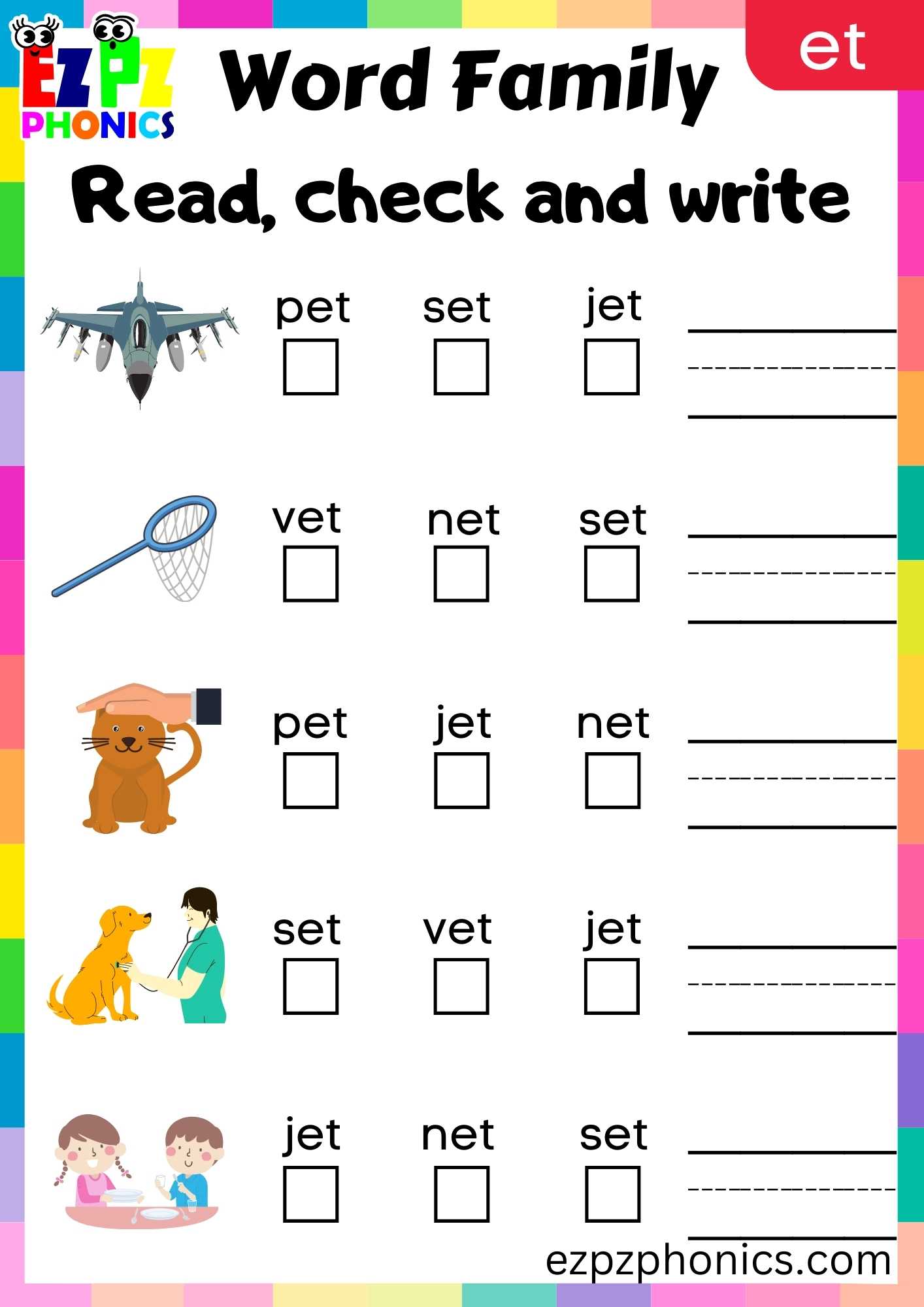 ET Words Read, Check And Write Phonics Word Families Worksheet - ezpzphonics.com